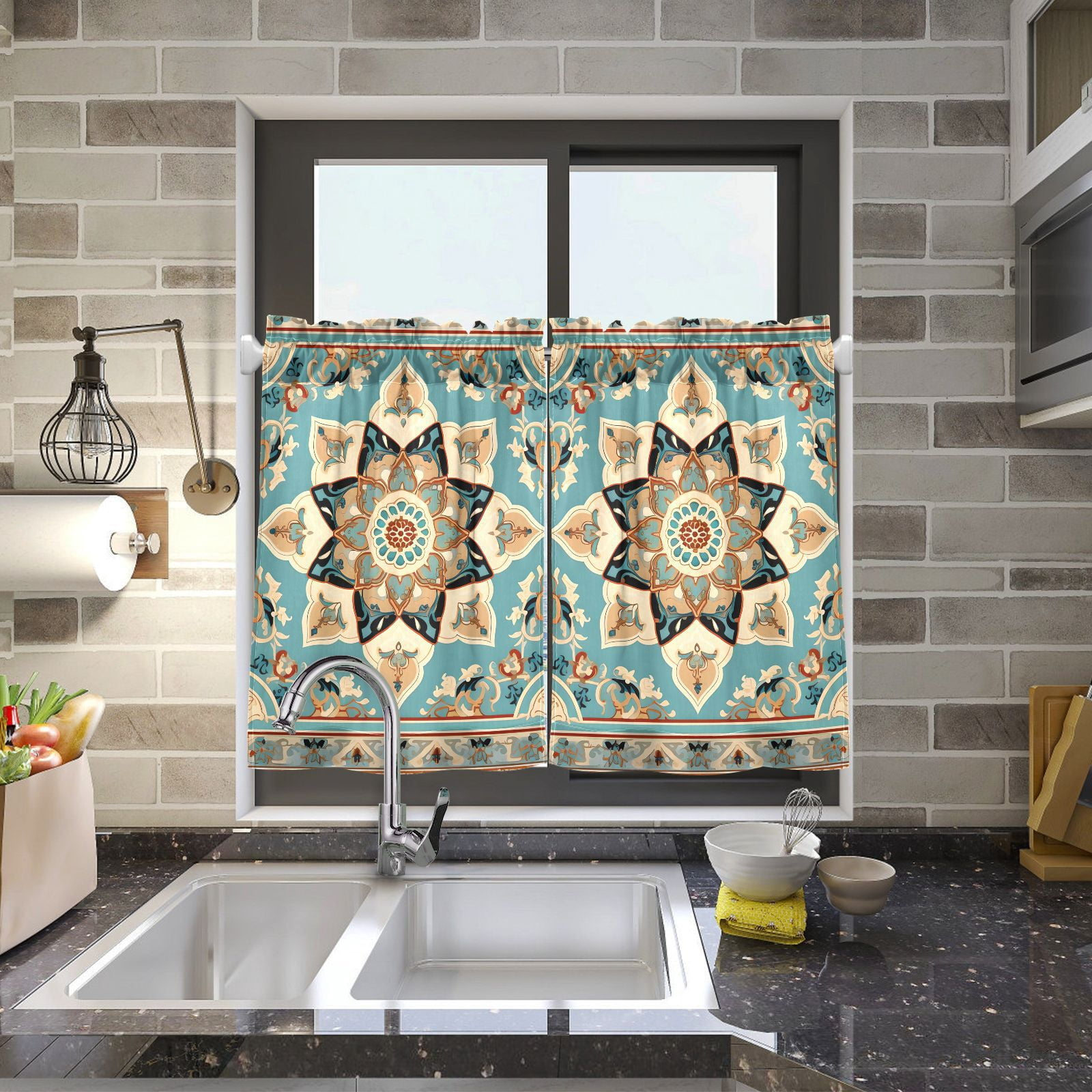 Mandala and Boho Pattern Kitchen Curtains Half Tier Curtain 2 Rod ...