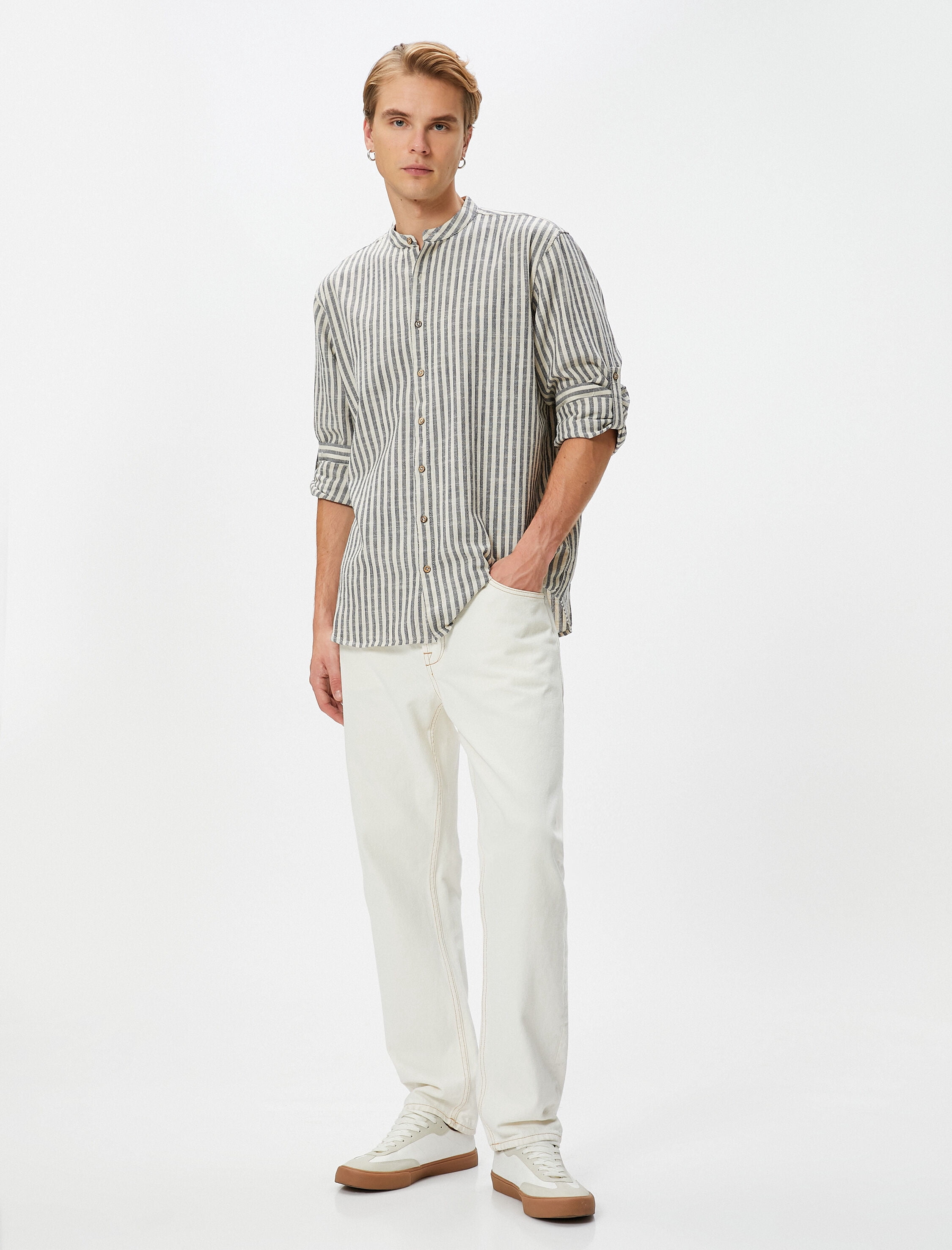 Mandarin Neck Foldable Arm Detail Buttoned Shirt - Walmart.com