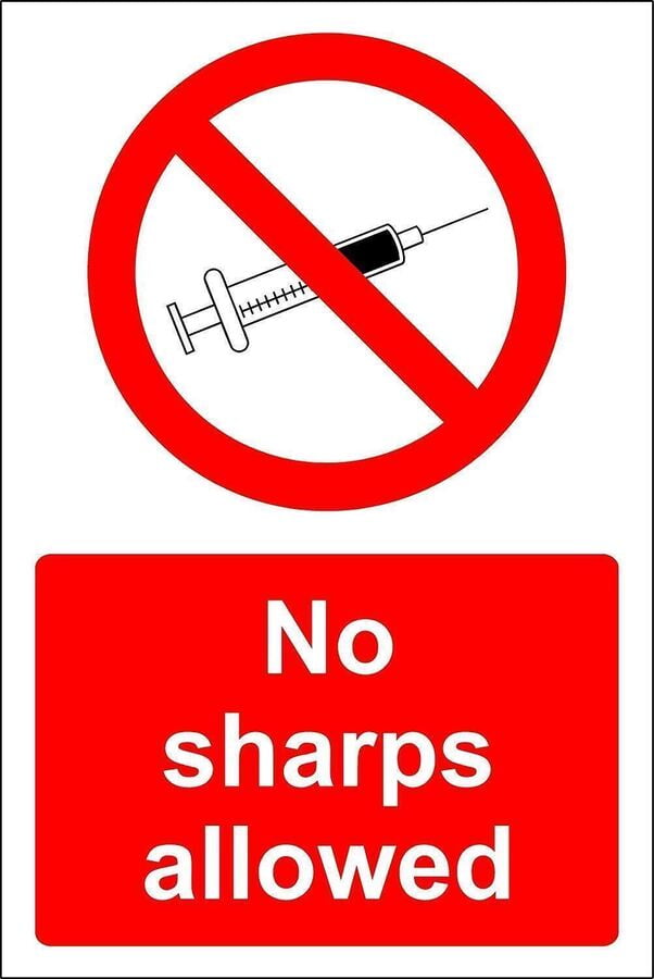 Mandatory No sharps allowed metal park safety aluminum Sign Size: 16 x ...