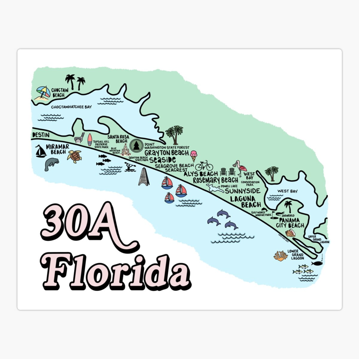 Maneki 30A Florida Map Art Sticker, Phone Decal Water Bottle Stickers ...