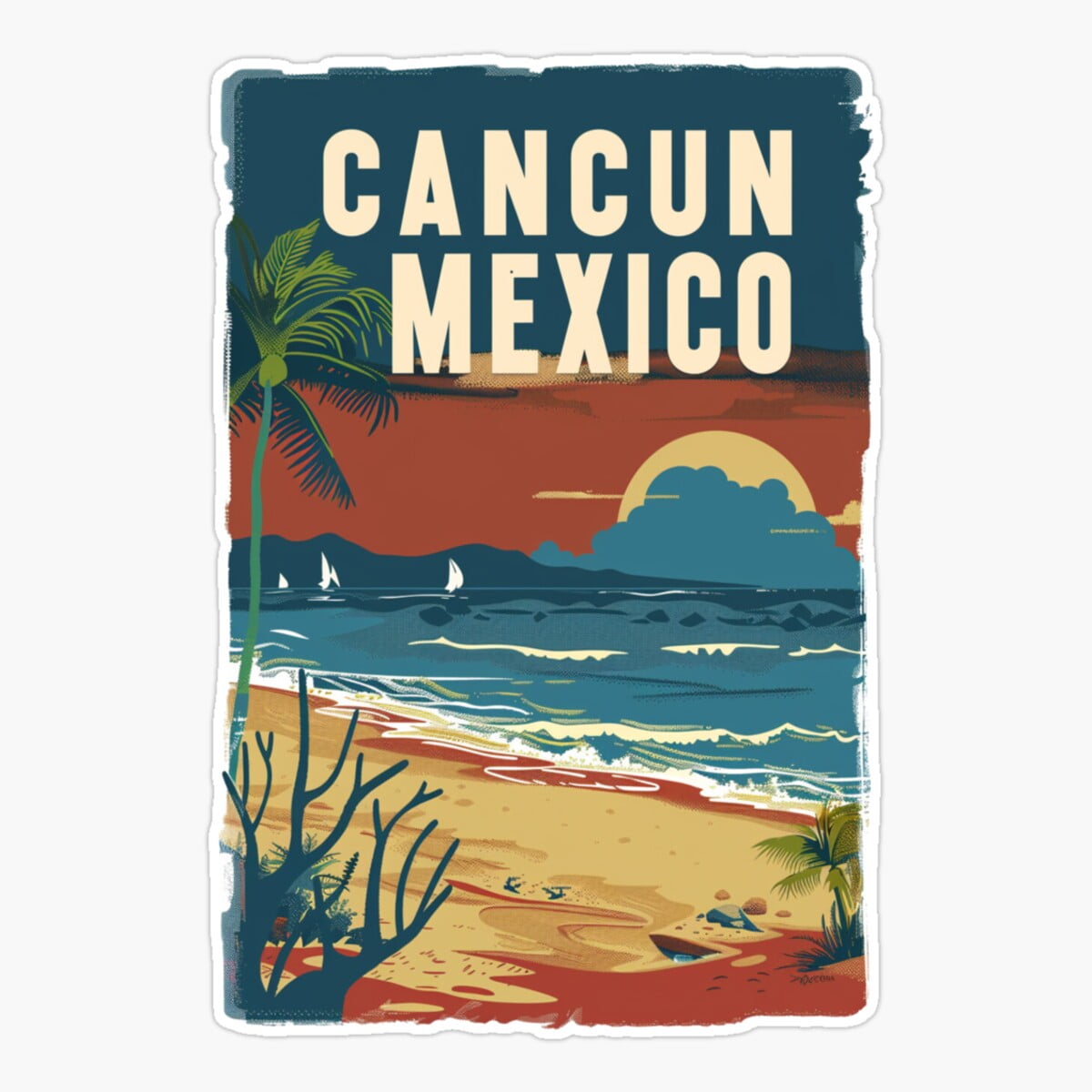 Maneki A Vintage Travel Illustration O Cancun - Mexico Sticker, Phone ...
