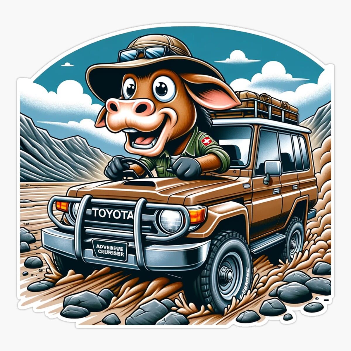 Maneki Adventure-Ready Cow In Off-Road Cruiser - Cartoon Outback ...