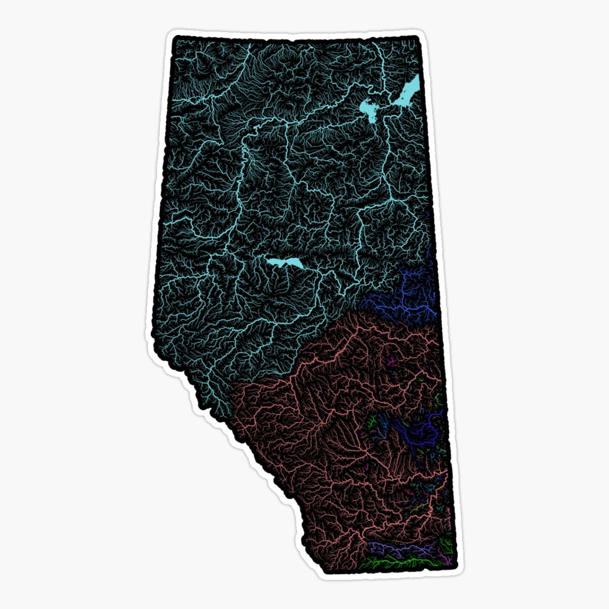 Maneki Alberta River Basin Map In Rainbow Colours With Black Background ...