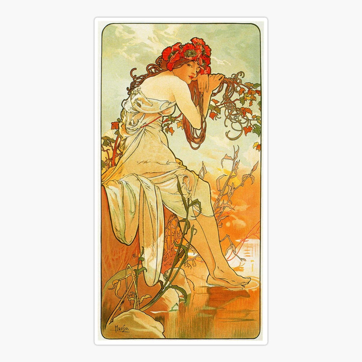 Maneki Alphonse Mucha - Summer Sticker, Phone Decal Water Bottle ...