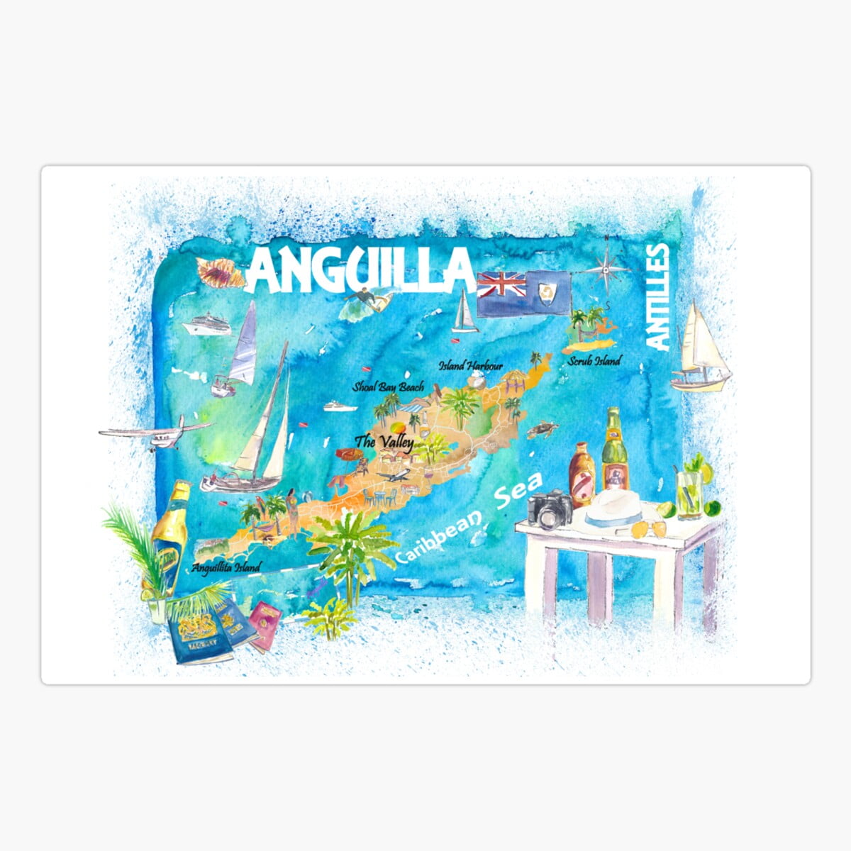 Maneki Anguilla Antilles Illustrated Caribbean Travel Map With ...
