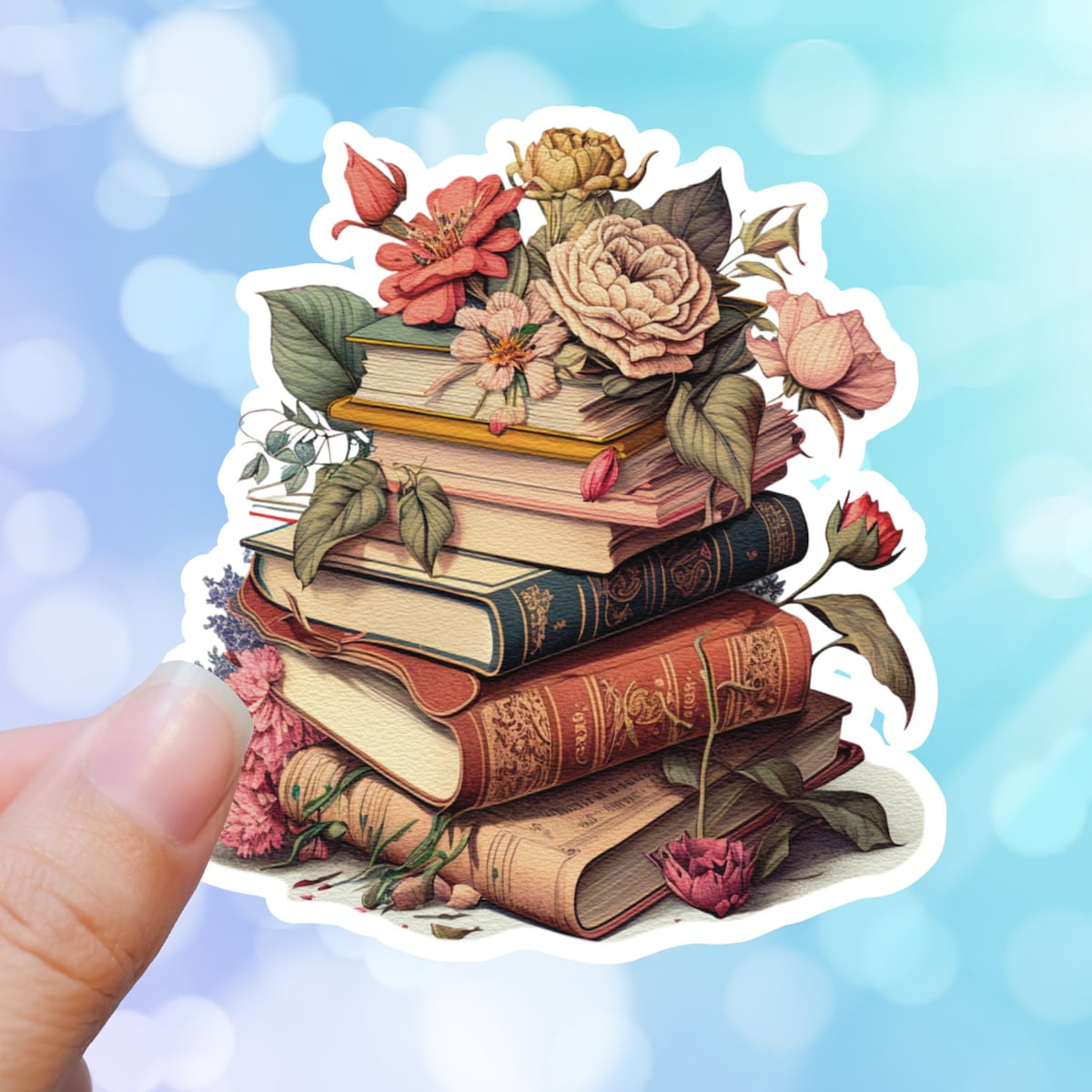 Maneki Antique Books Stack Of Books Flower Sticker Reader Sticker ...