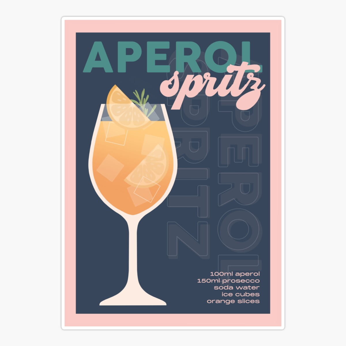 Maneki Aperol Spritz Cocktail Recipe Print - Navy/Teal/Pink Sticker ...