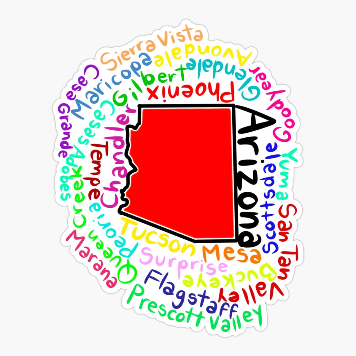 Maneki Arizona Map With Names Sticker, Phone Decal Water Bottle ...