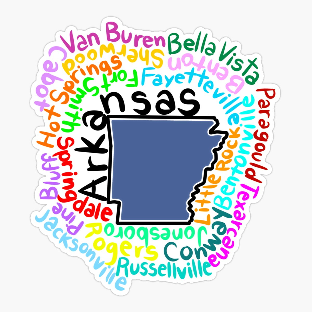 Maneki Arkansas Map With Names Sticker, Phone Decal Water Bottle ...