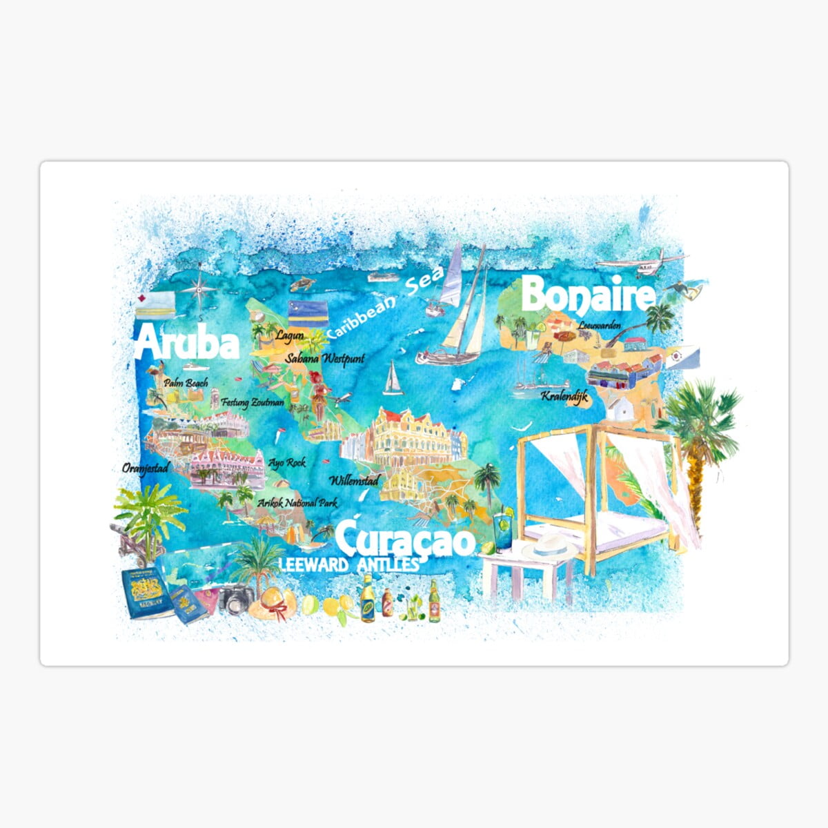 Maneki Aruba Bonaire Curacao Illustrated Islands Travel Map With Roads ...