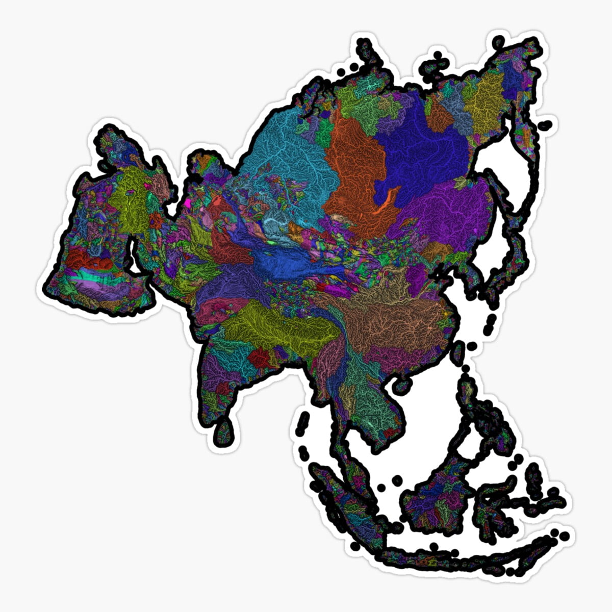 Maneki Asia River Basin Map In Rainbow Colours With Black Background ...