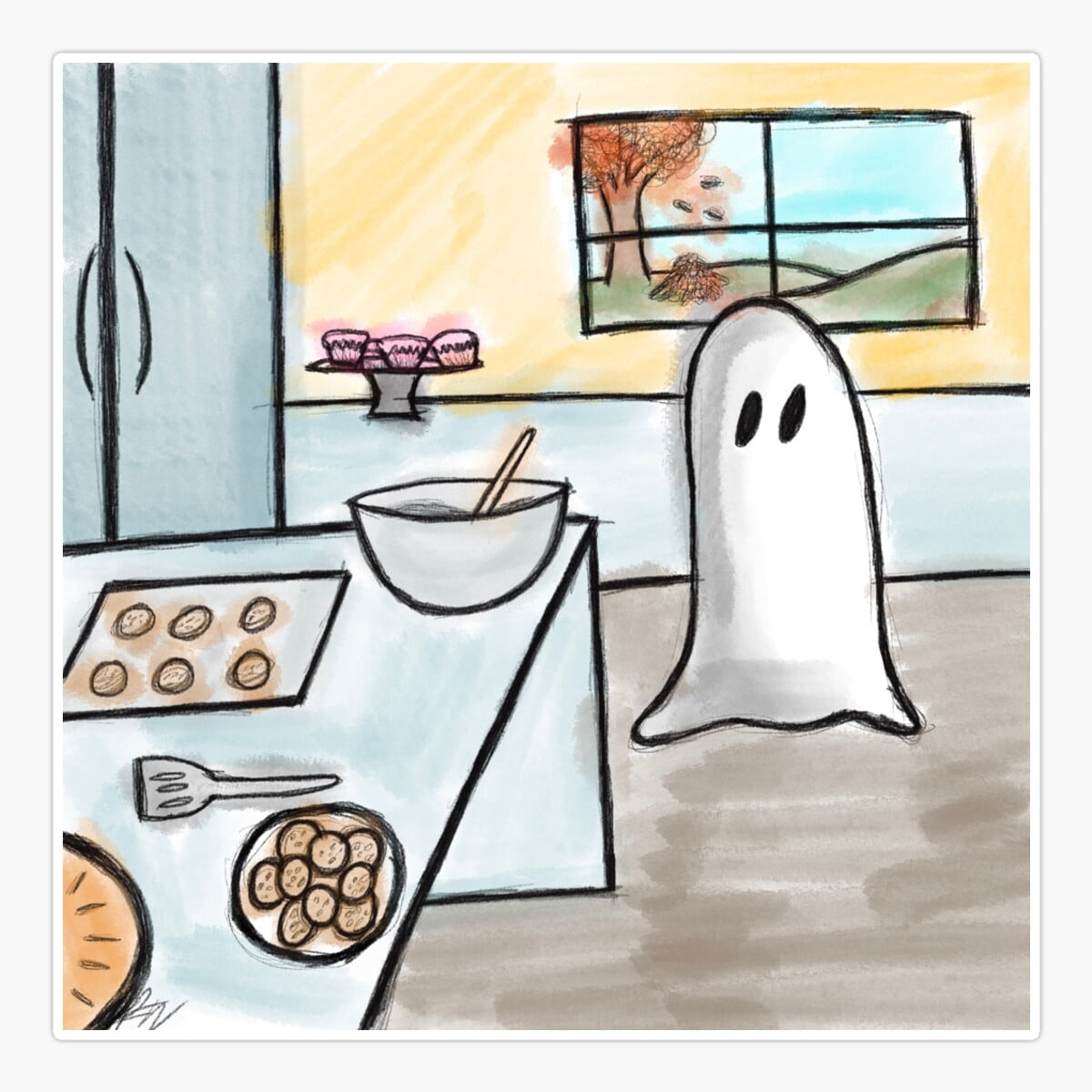 Maneki Aternoon Baking With Ghosty Sticker, Phone Decal Water Bottle ...