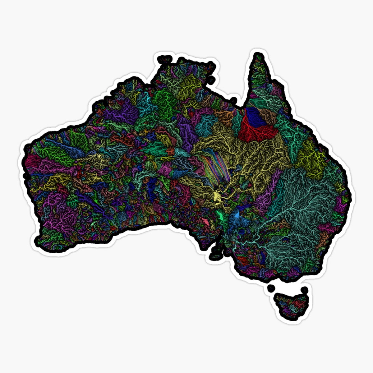 Maneki Australia River Basin Map In Rainbow Colours With Black ...