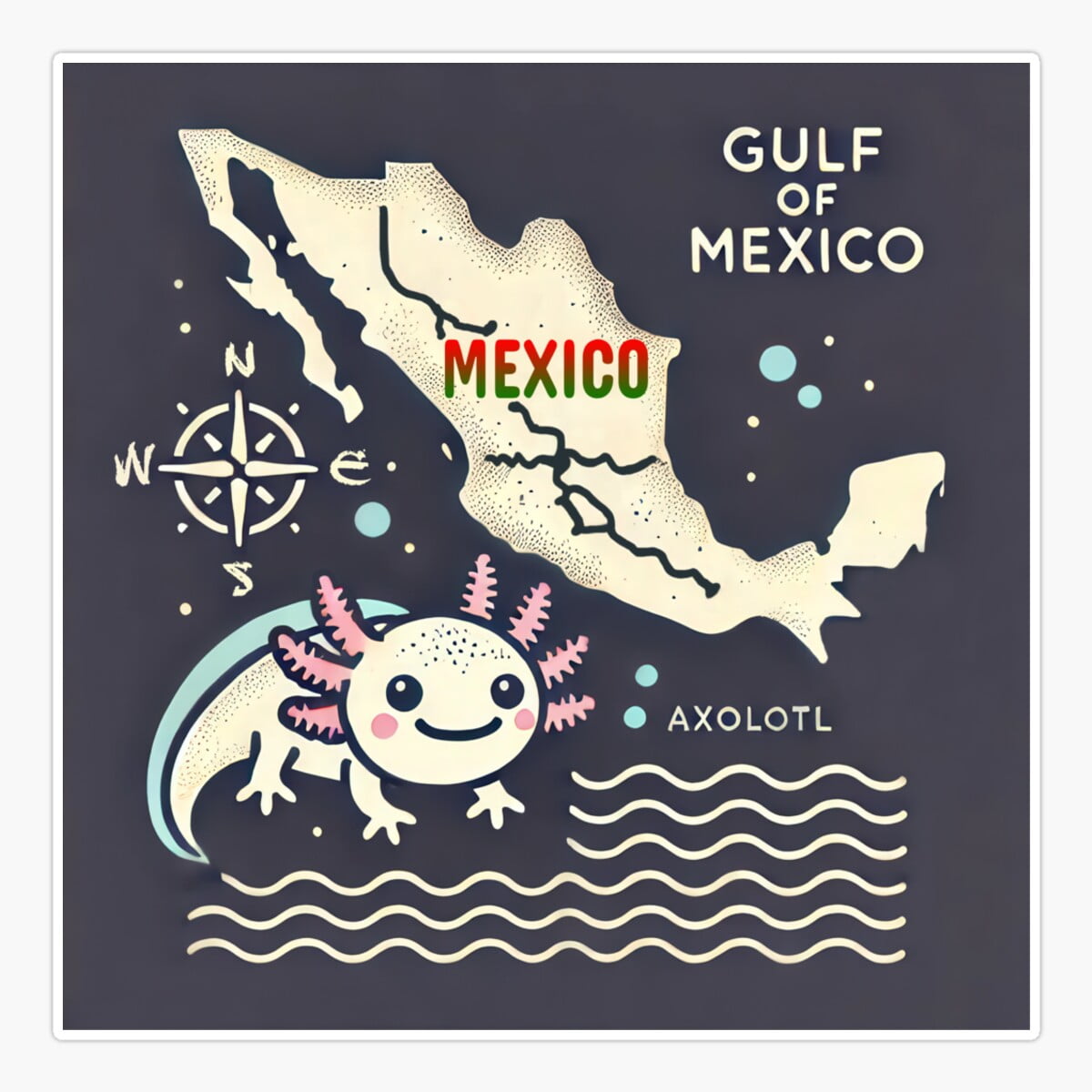 Maneki Axolotl And Mexico Map Vintage Gul O Mexico Sticker, Phone Decal ...