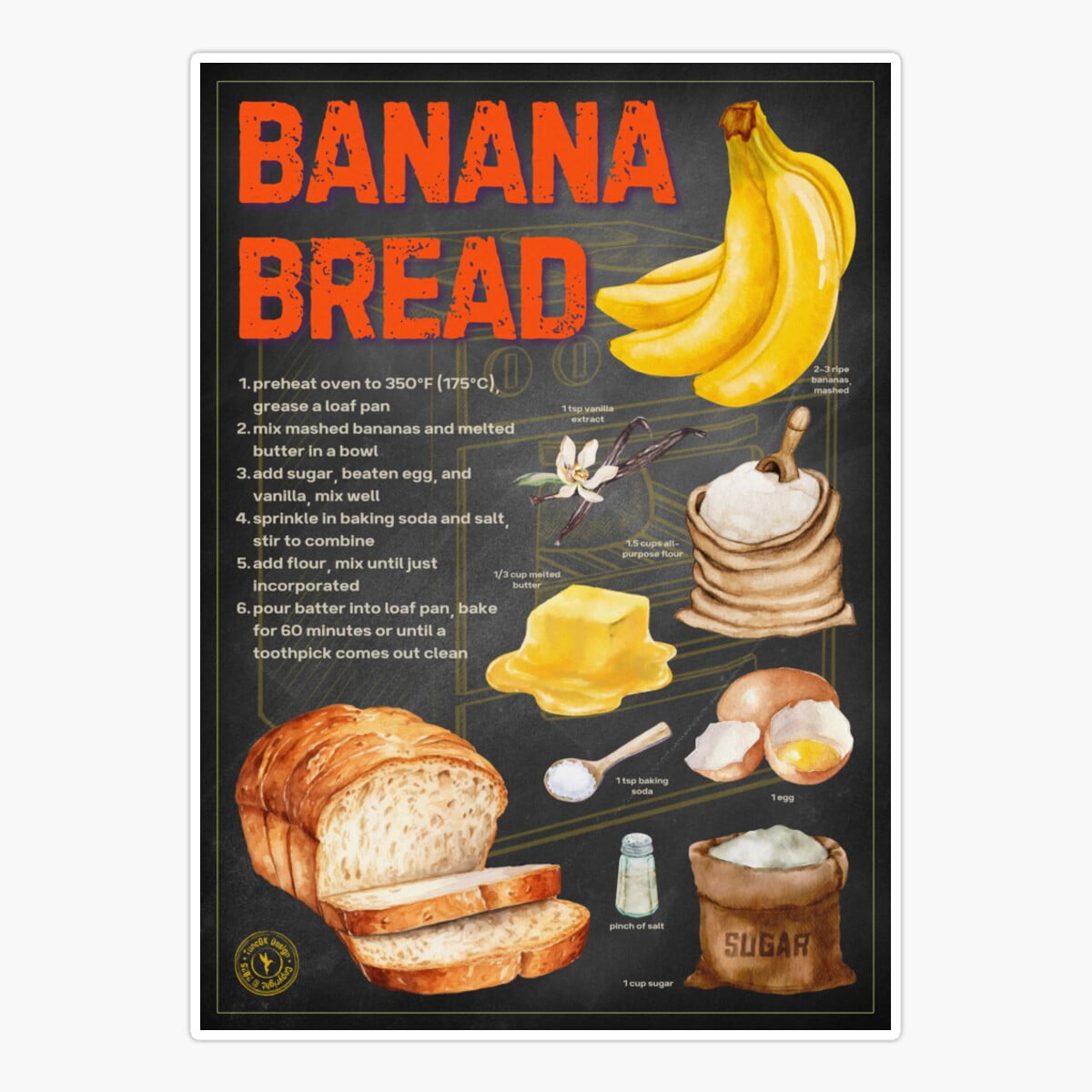 Maneki Banana Bread Recipe Art Print Sticker, Phone Decal Water Bottle ...