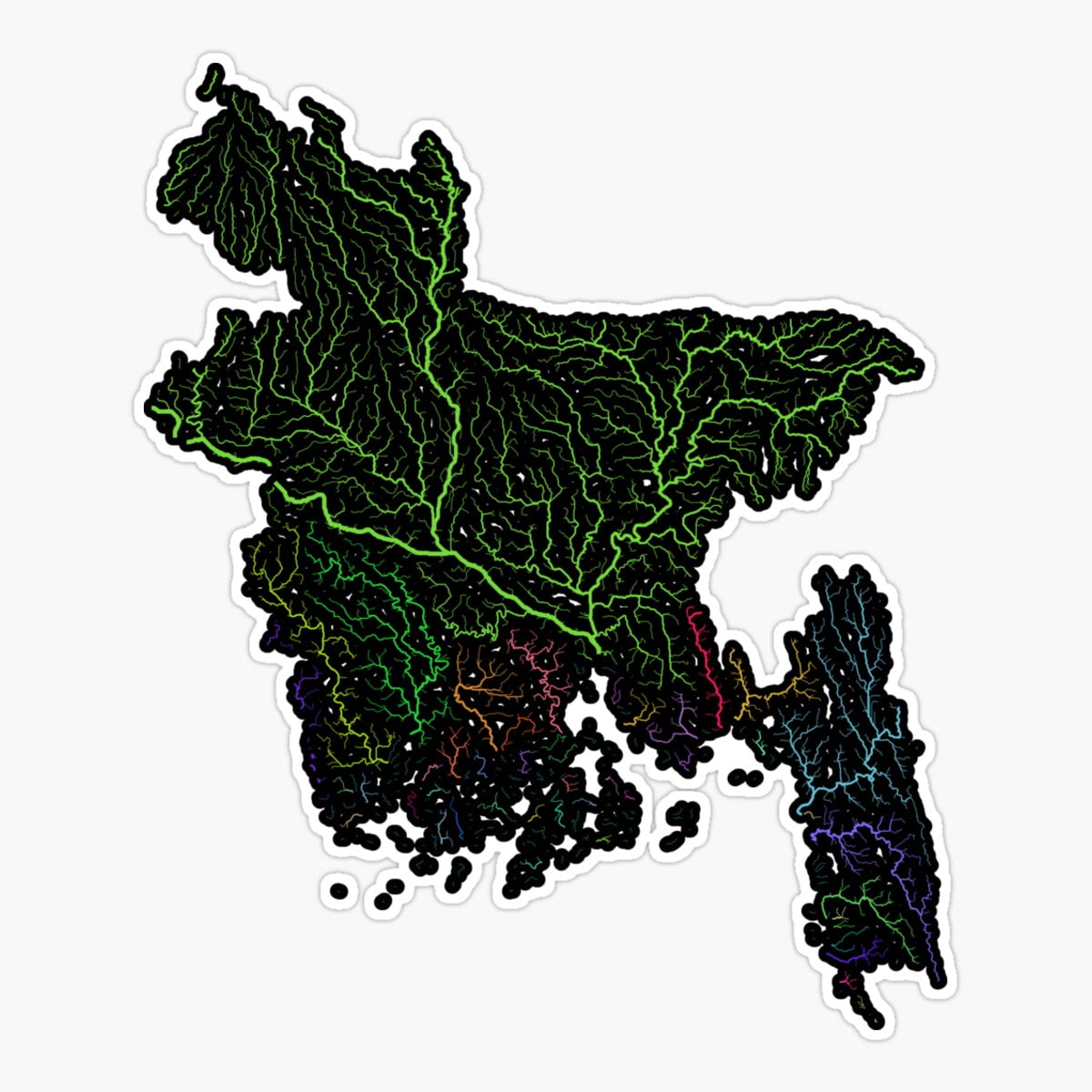 Maneki Bangladesh River Basin Map In Rainbow Colours With Black ...