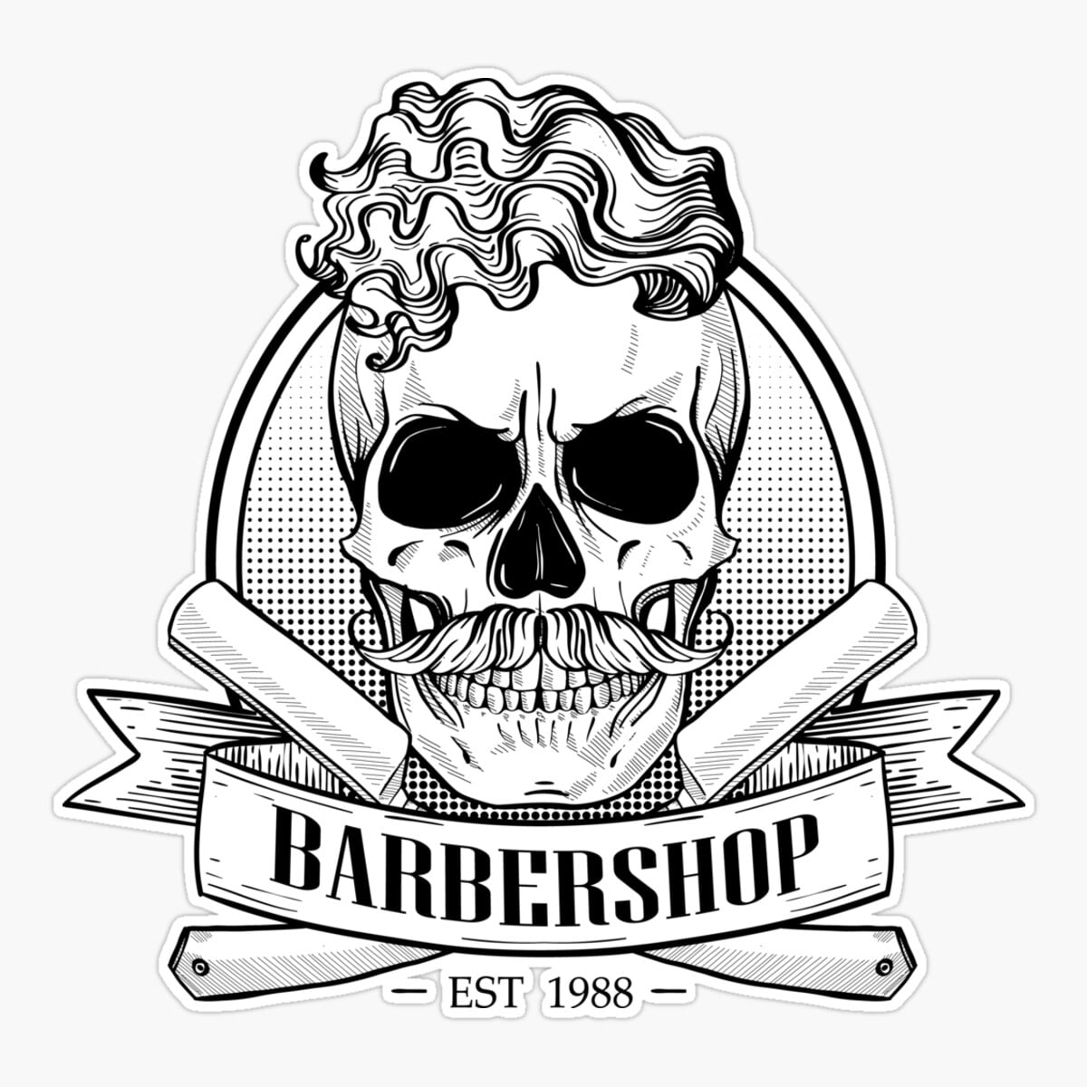 Maneki Barbershop Logo, Angry Er With Skull With A Mustaches, Curly ...