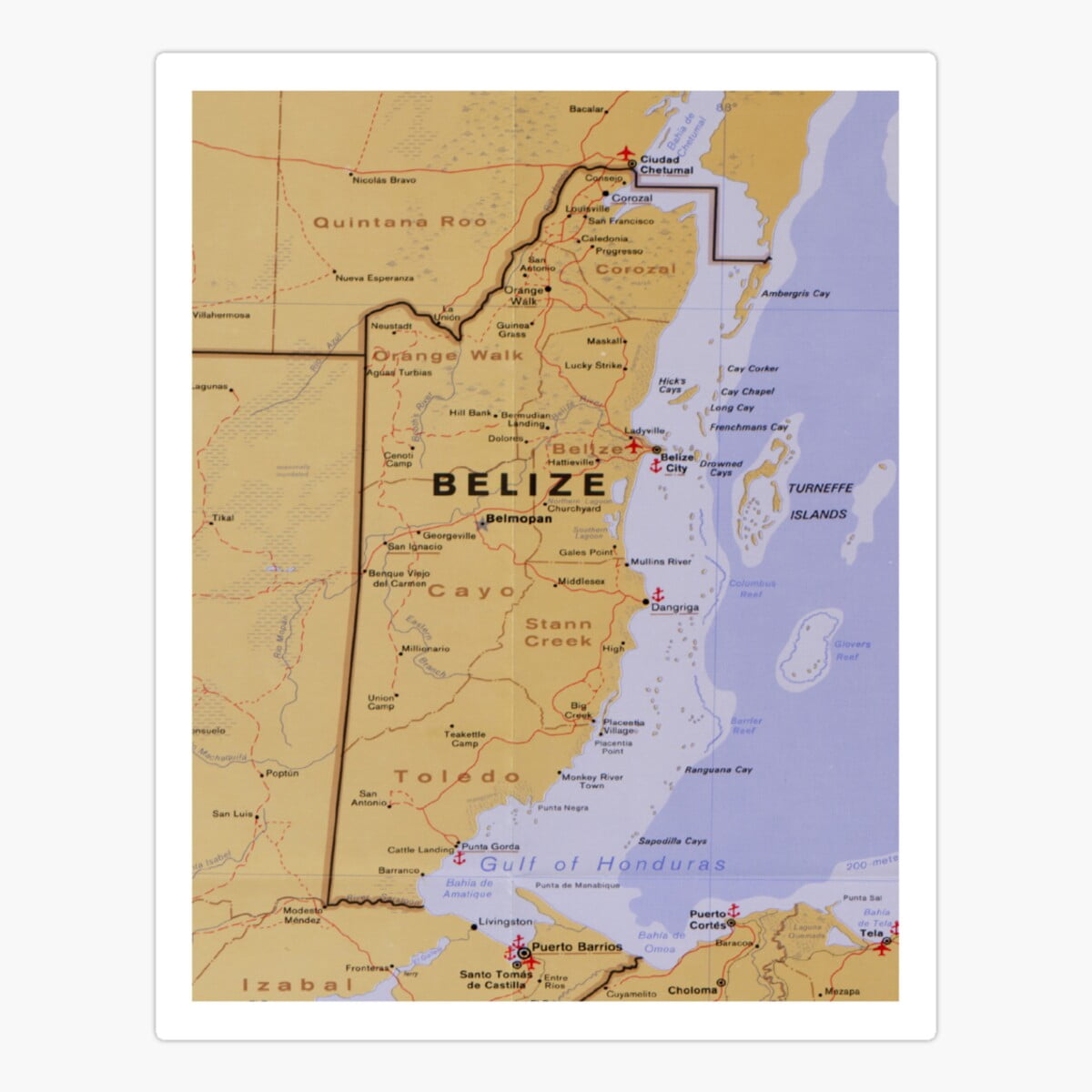 Maneki Belize Map (1990) Central America Country Atlas Sticker, Phone ...