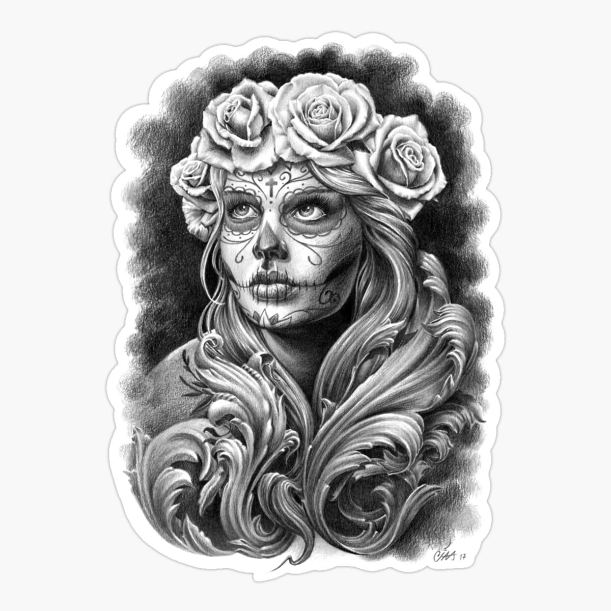 Maneki Black And Grey Catrina With A Crown O Roses. Sticker, Phone ...