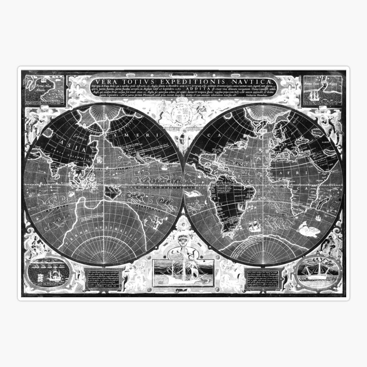 Maneki Black And White World Map (1595) Inverse Sticker, Phone Decal ...