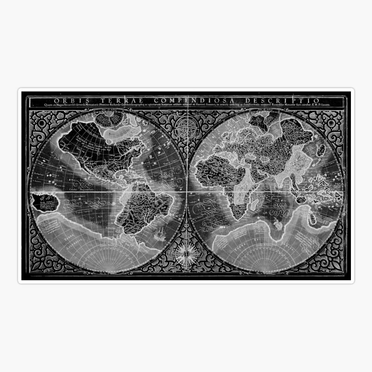Maneki Black And White World Map (1607) Inverse Sticker, Phone Decal ...