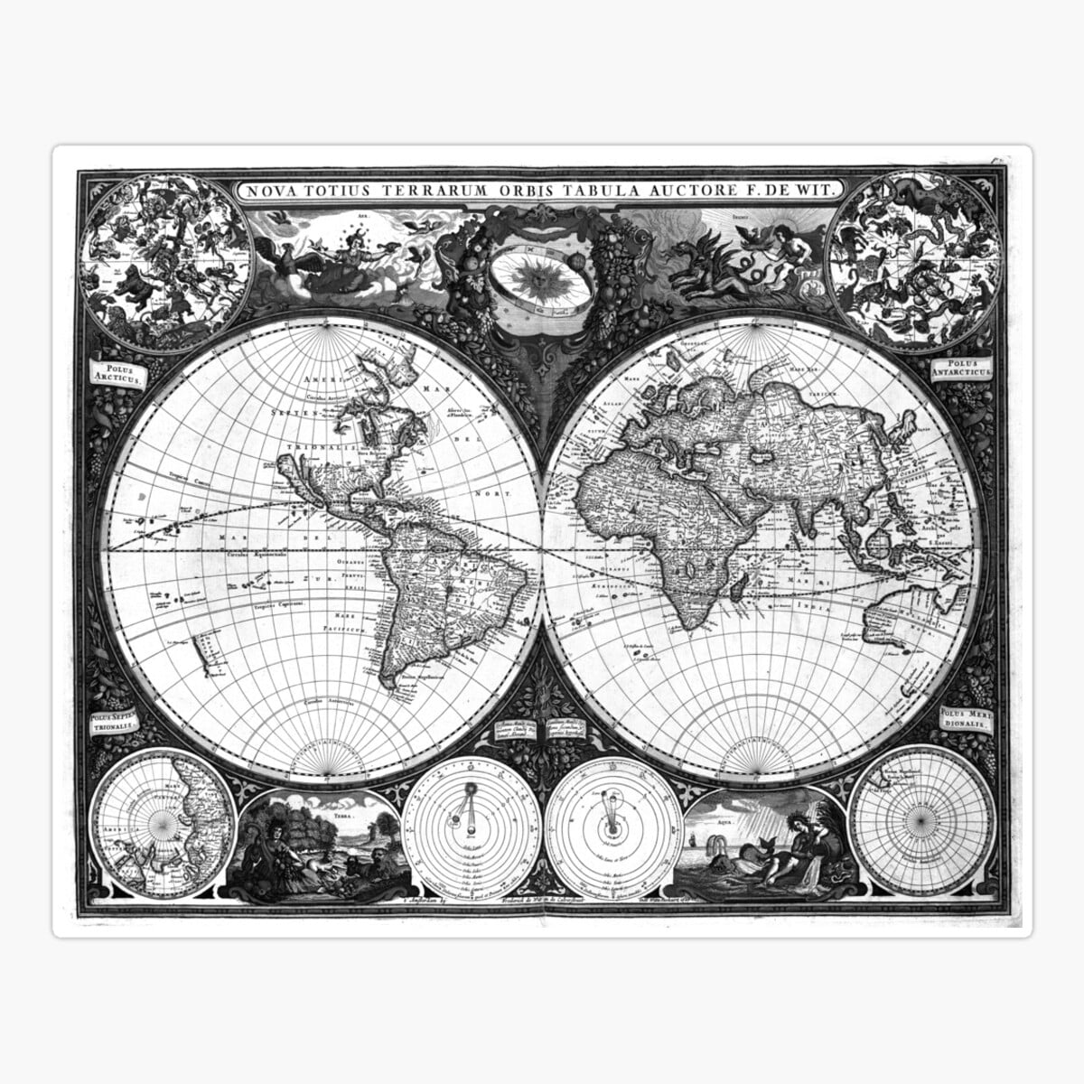 Maneki Black And White World Map (1665) Sticker, Phone Decal Water ...
