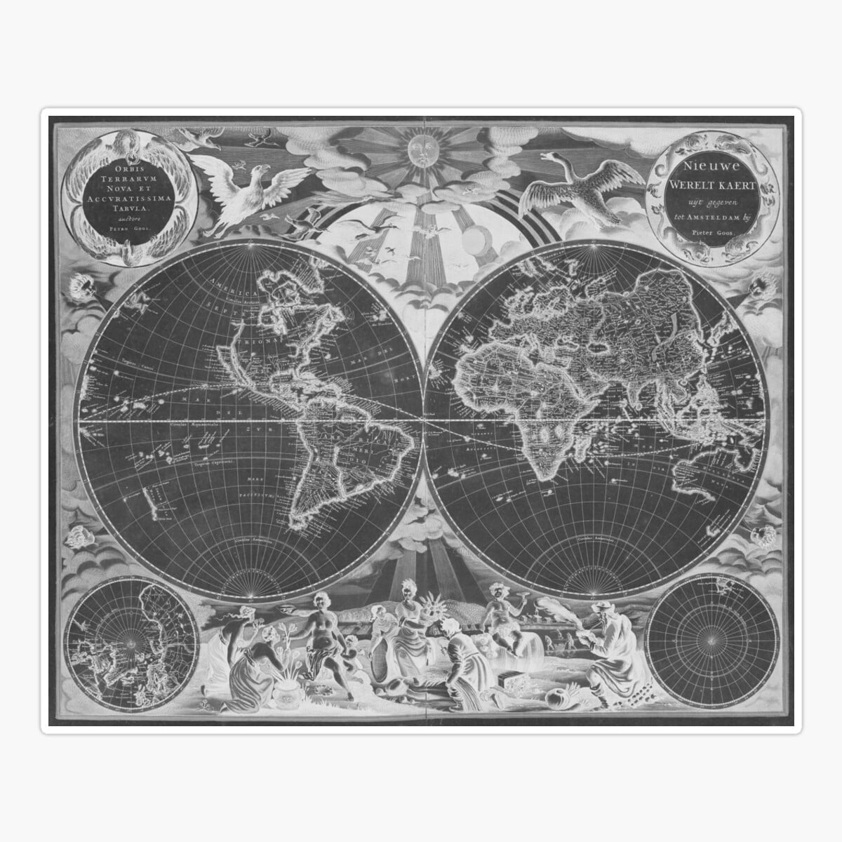 Maneki Black And White World Map (1668) Inverse Sticker, Phone Decal ...
