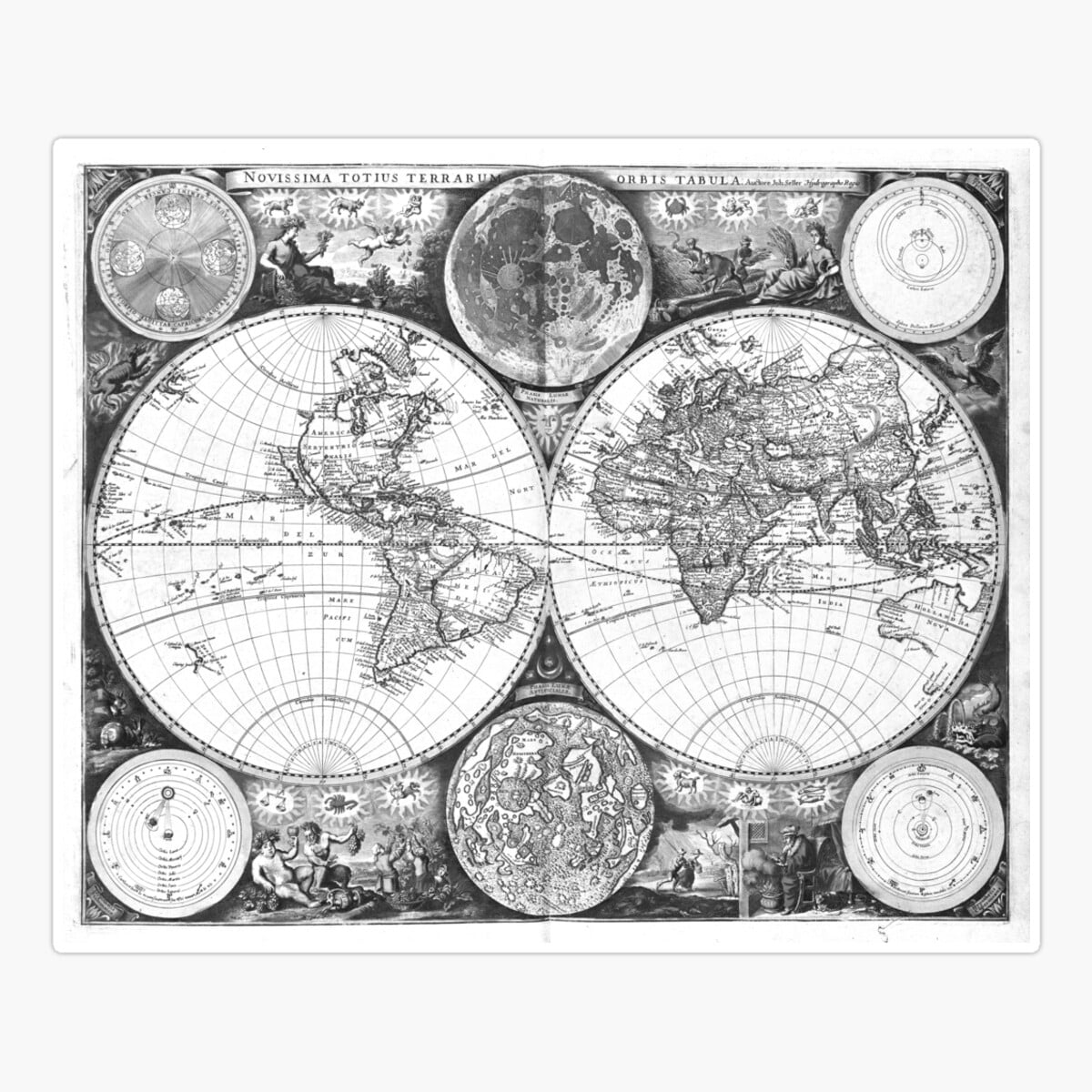 Maneki Black And White World Map (1672) Sticker, Phone Decal Water ...