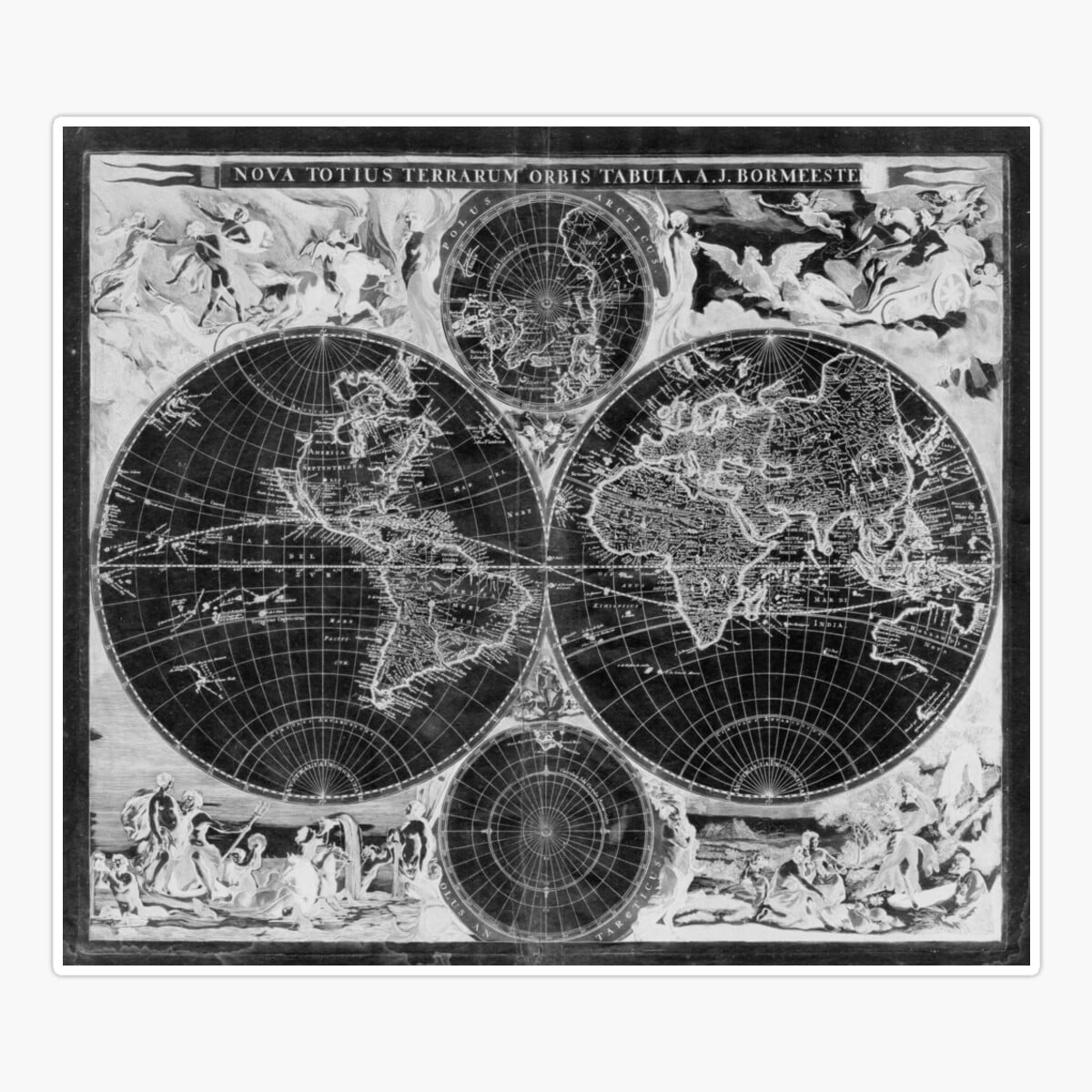 Maneki Black And White World Map (1685) Inverse Sticker, Phone Decal ...