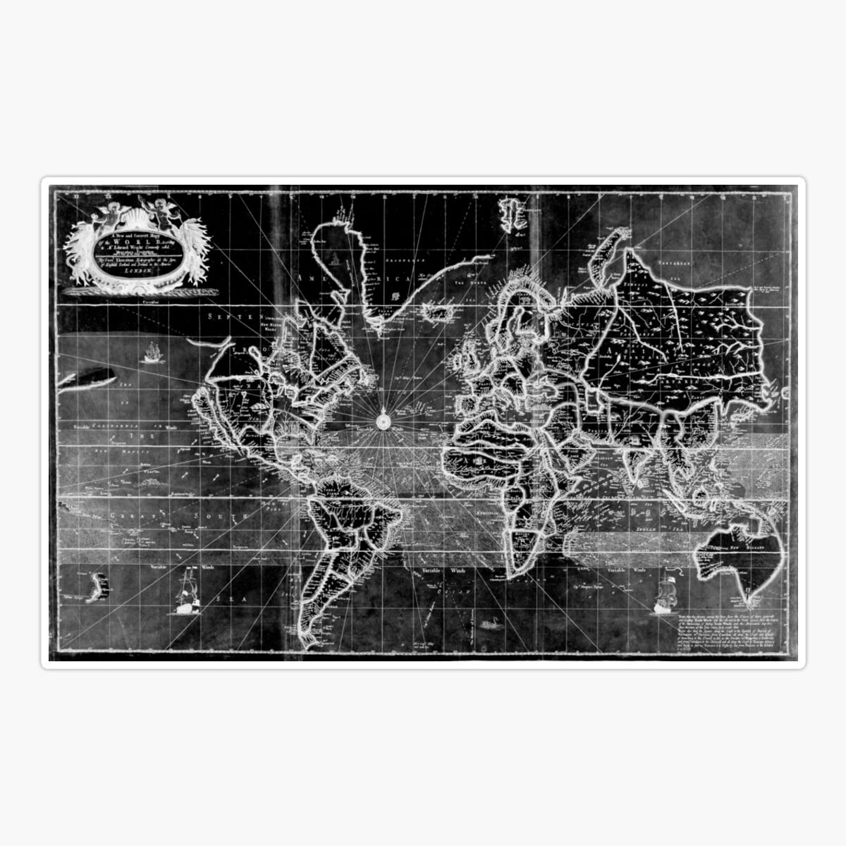 Maneki Black And White World Map (1702) Inverse Sticker, Phone Decal ...