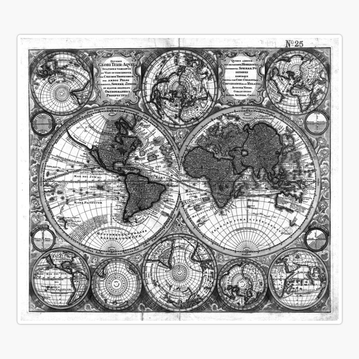 Maneki Black And White World Map (1730) Sticker, Phone Decal Water ...
