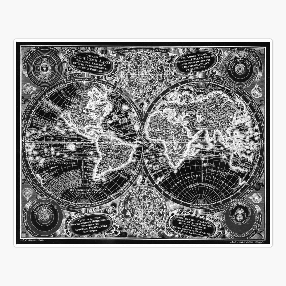 Maneki Black And White World Map (1744) Inverse Sticker, Phone Decal ...