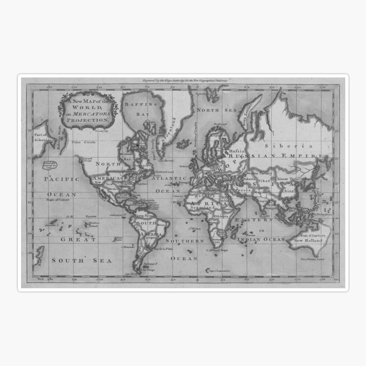 Maneki Black And White World Map (1766) Sticker, Phone Decal Water ...