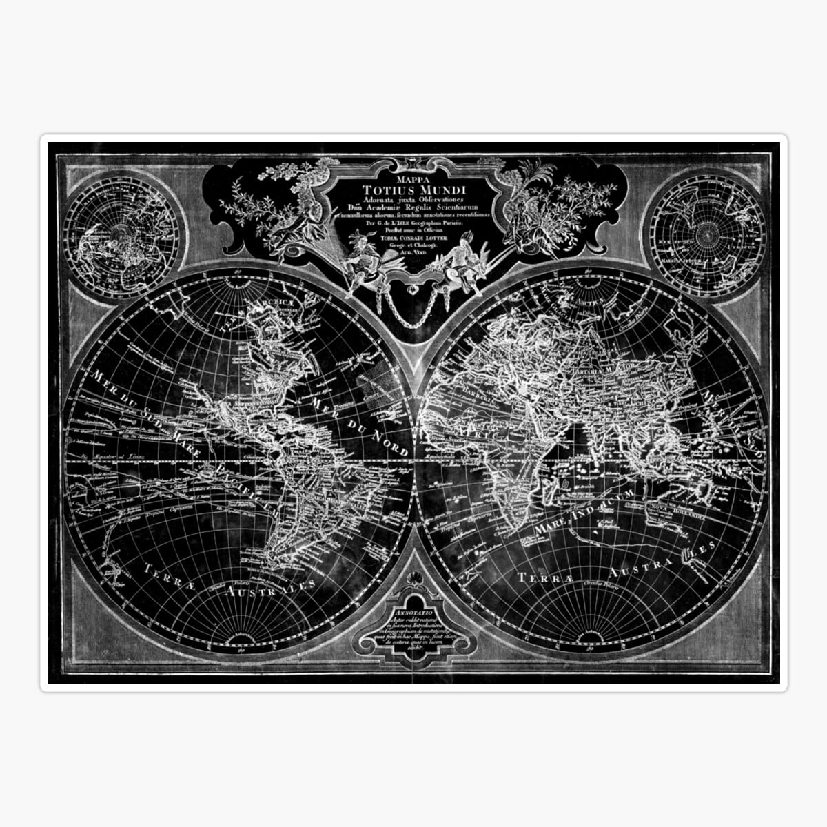 Maneki Black And White World Map (1775) Inverse Sticker, Phone Decal ...