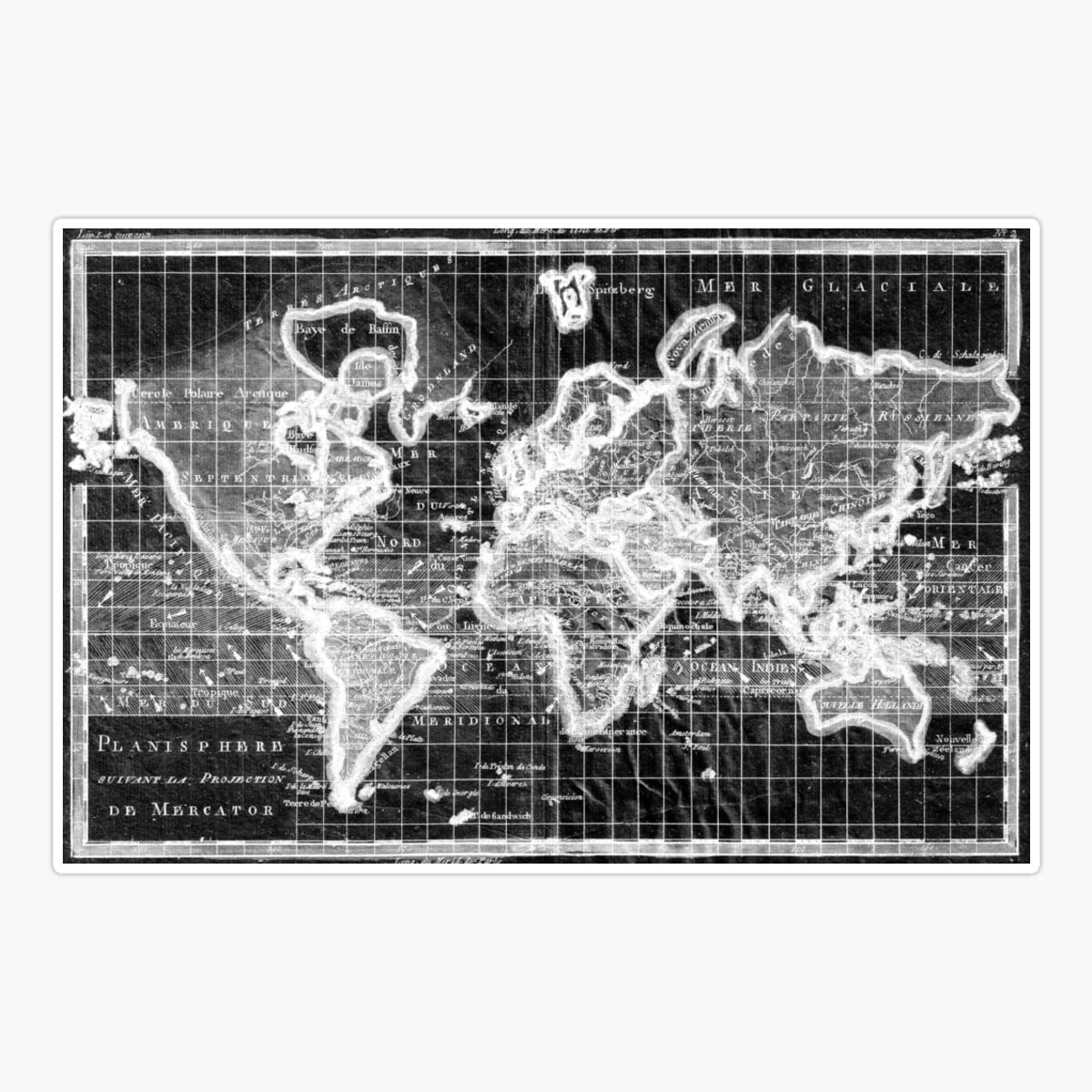 Maneki Black And White World Map (1780) Inverse Sticker, Phone Decal ...