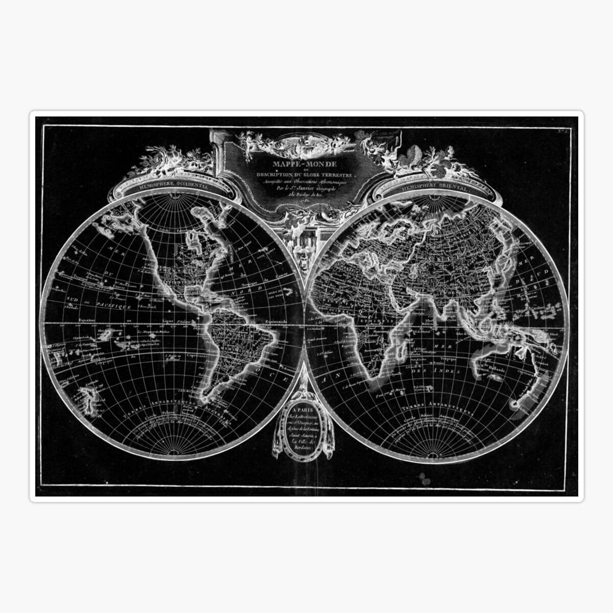 Maneki Black And White World Map (1782) Inverse Sticker, Phone Decal ...