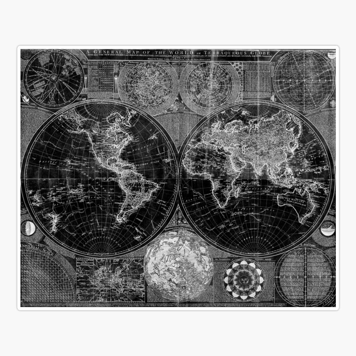 Maneki Black And White World Map (1787) Inverse Sticker, Phone Decal ...