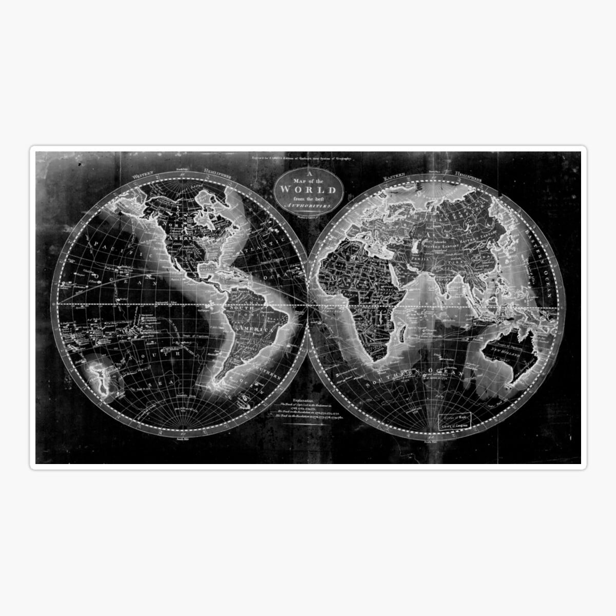 Maneki Black And White World Map (1795) Inverse 2 Sticker, Phone Decal ...