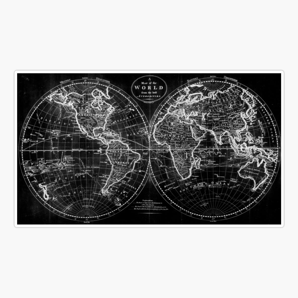 Maneki Black And White World Map (1795) Inverse Sticker, Phone Decal ...