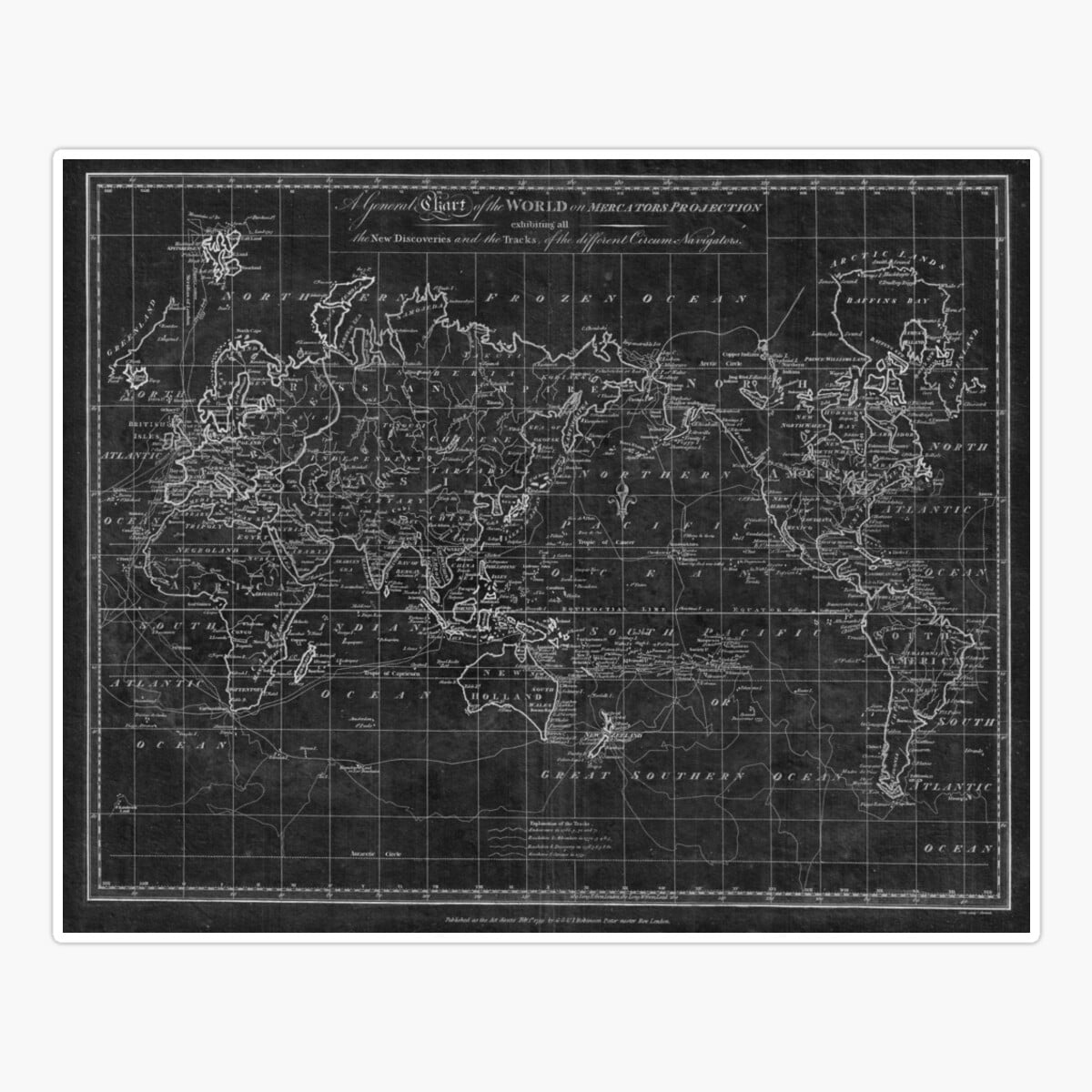 Maneki Black And White World Map (1799) Inverse Sticker, Phone Decal ...