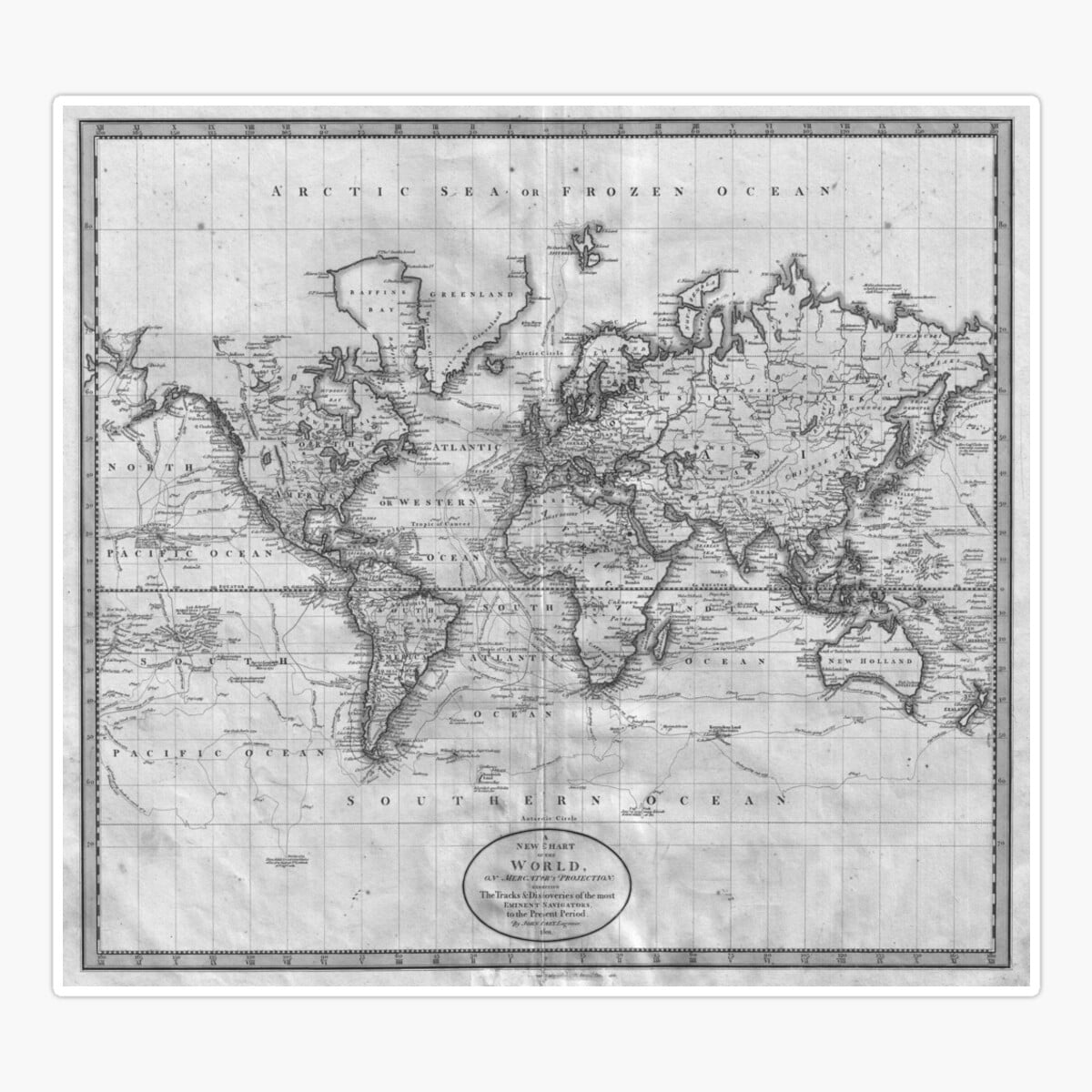 Maneki Black And White World Map (1801) Sticker, Phone Decal Water ...