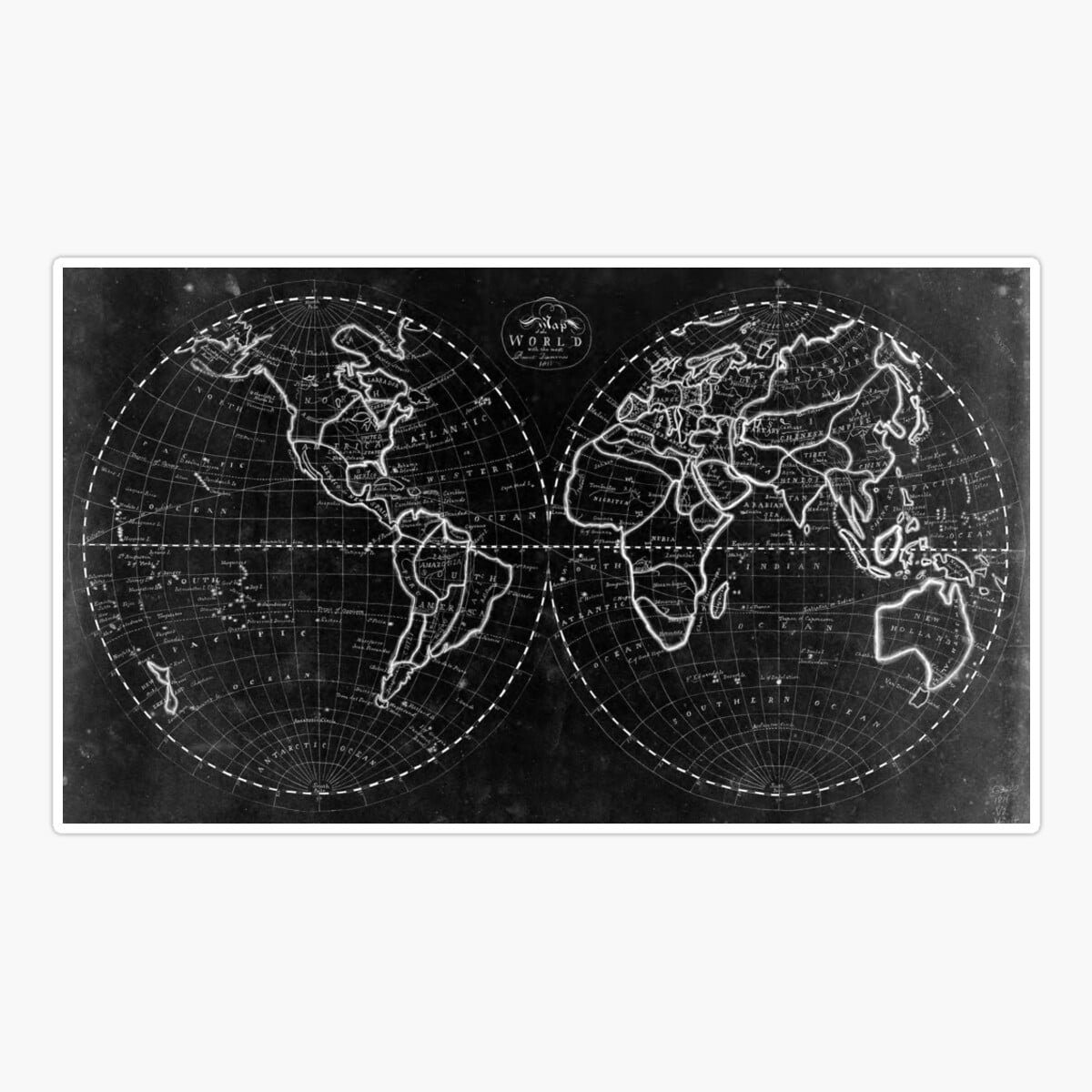 Maneki Black And White World Map (1811) Inverse Sticker, Phone Decal ...