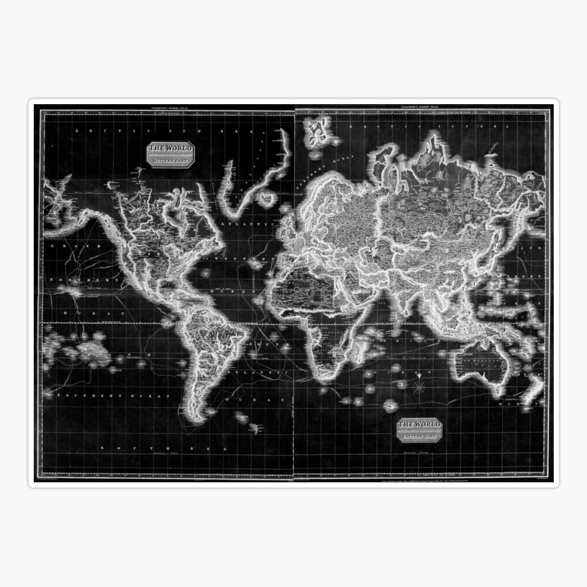 Maneki Black And White World Map (1812) Inverse Sticker, Phone Decal ...