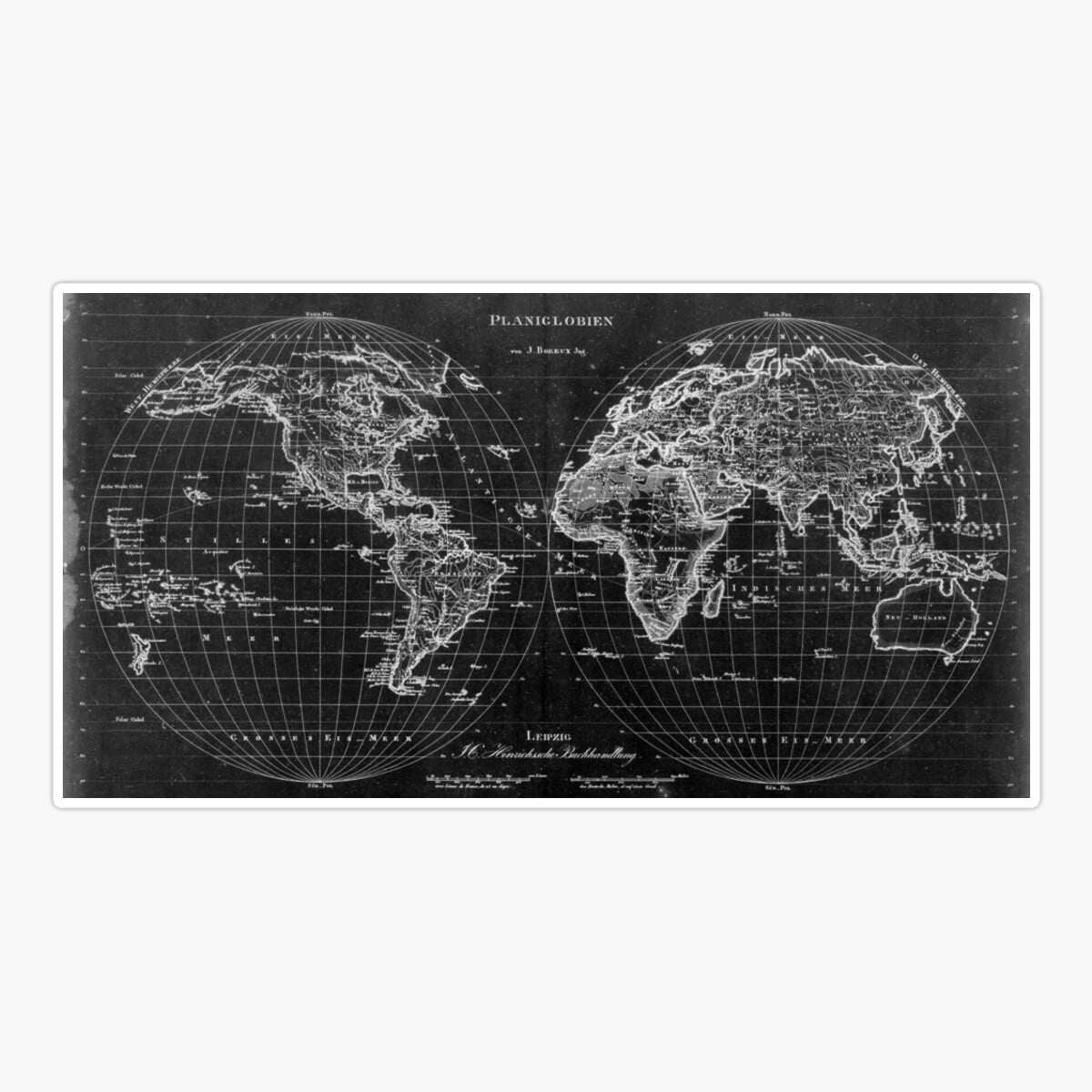 Maneki Black And White World Map (1827) Inverse Sticker, Phone Decal ...