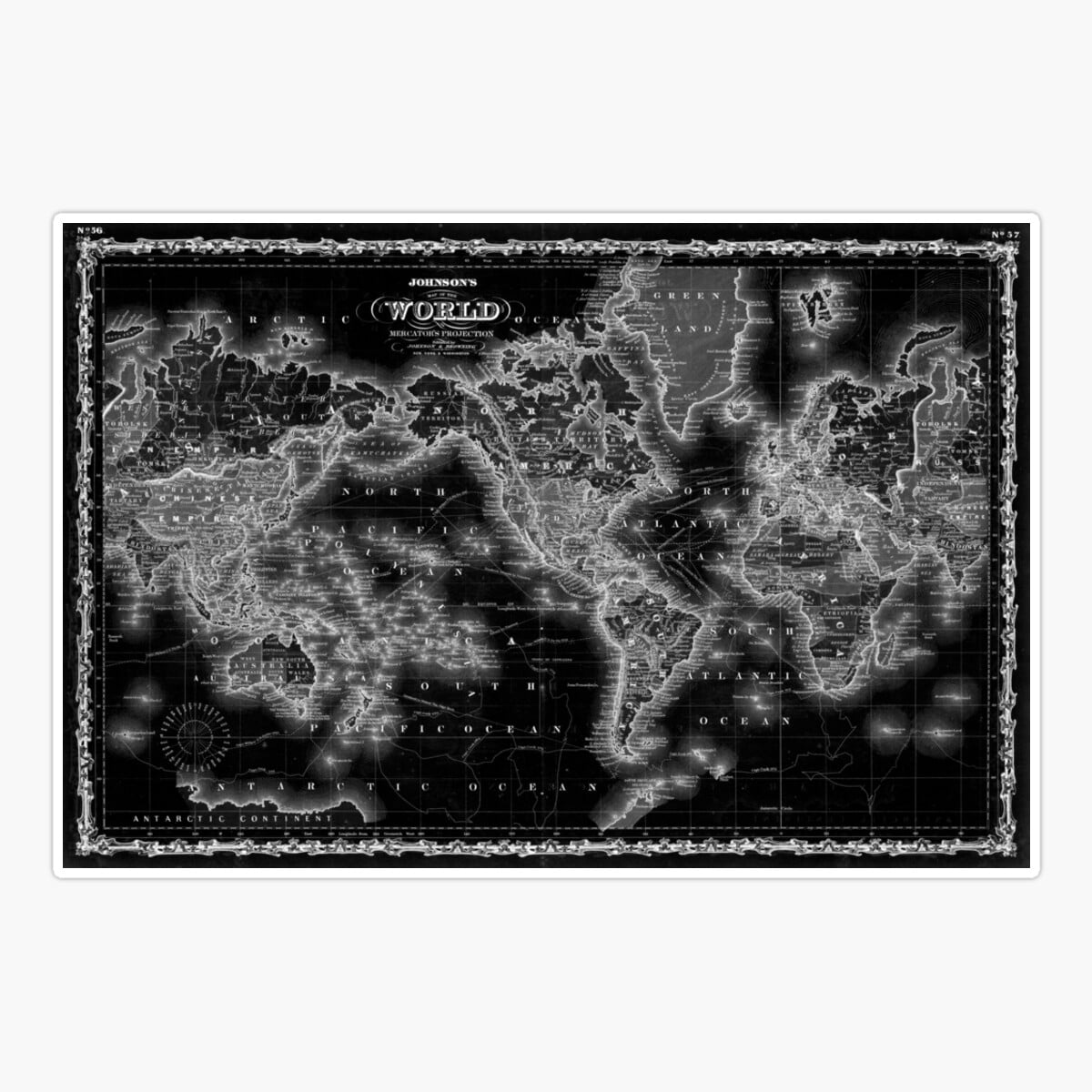 Maneki Black And White World Map (1860) Inverse Sticker, Phone Decal ...
