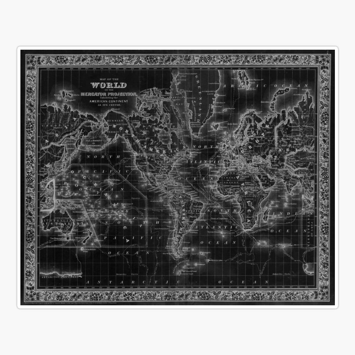 Maneki Black And White World Map (1864) Inverse Sticker, Phone Decal ...