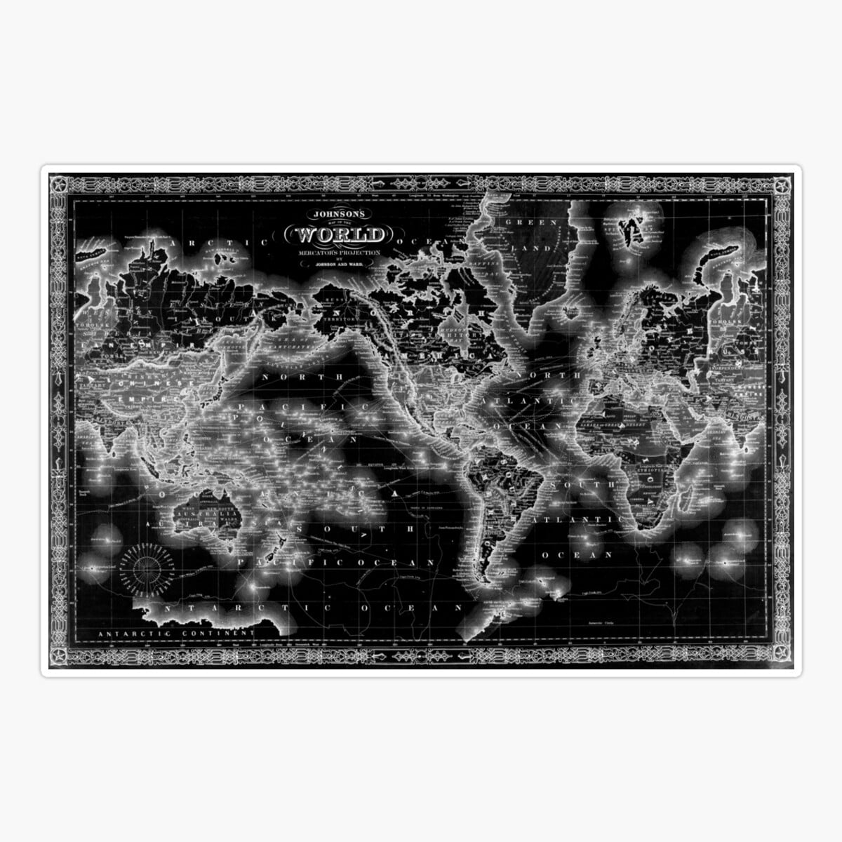 Maneki Black And White World Map (1864) Inverse Sticker, Phone Decal ...