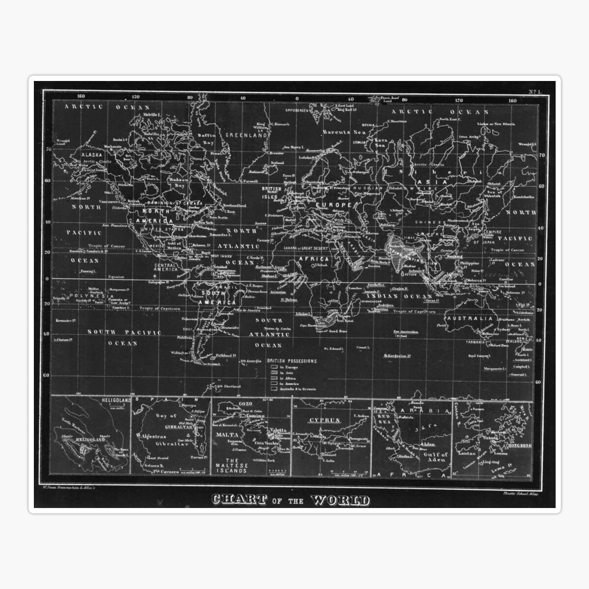 Maneki Black And White World Map (1880) Inverse Sticker, Phone Decal ...