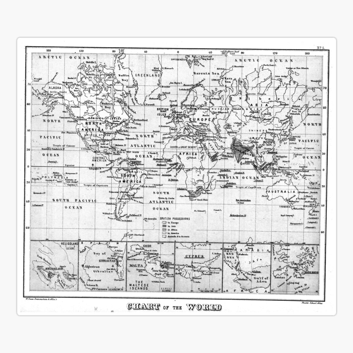 Maneki Black And White World Map (1880) Sticker, Phone Decal Water ...
