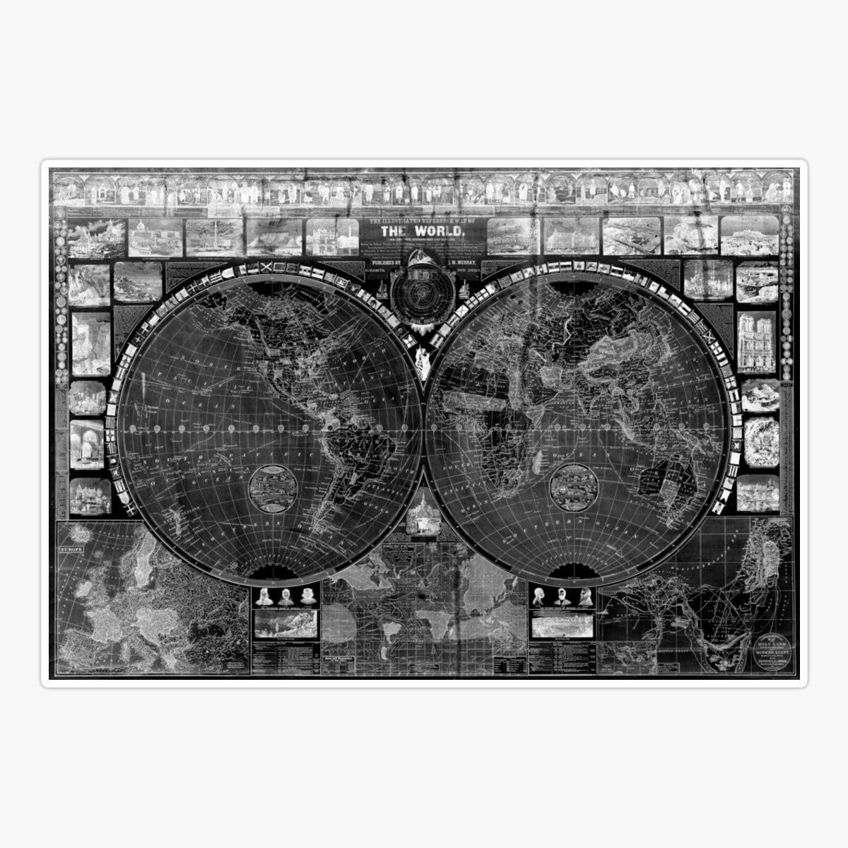 Maneki Black And White World Map (1883) Inverse Sticker, Phone Decal ...